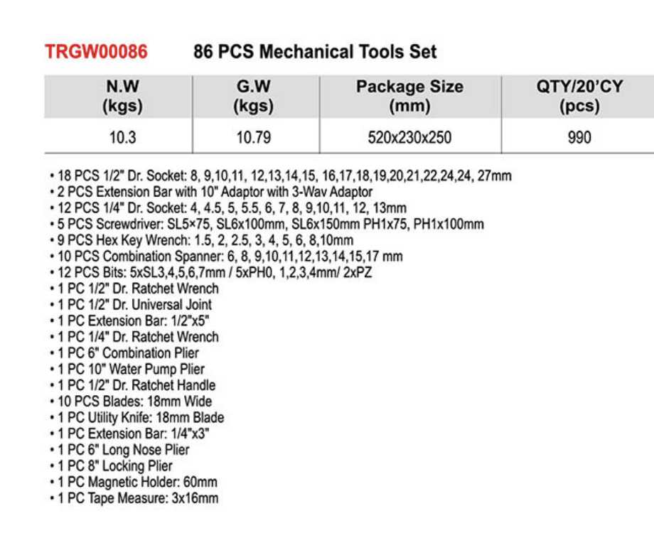 EPT Ireland. 86PCS MECHANCIAL TOOL SET